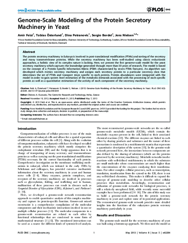 (PDF) Genome-Scale Modeling of the Protein Secretory Machinery in Yeast