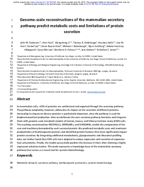 (PDF) Genome-scale reconstructions of the mammalian secretory pathway ...