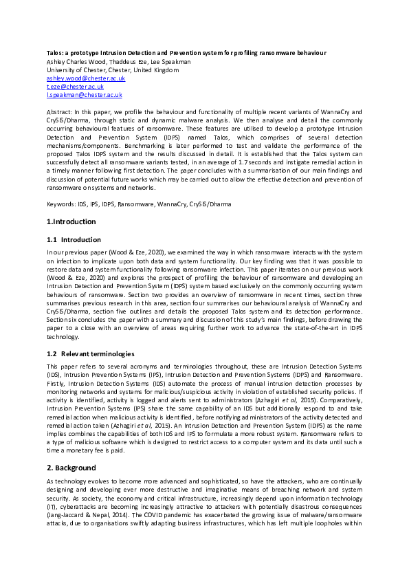 (PDF) Talos: a prototype Intrusion Detection and Prevention system for profiling ransomware ...