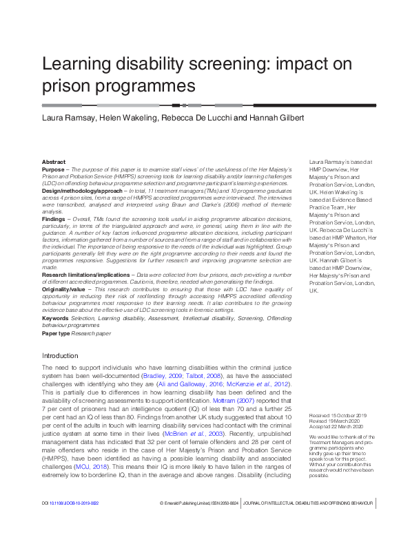 (PDF) Learning disability screening: impact on prison programmes