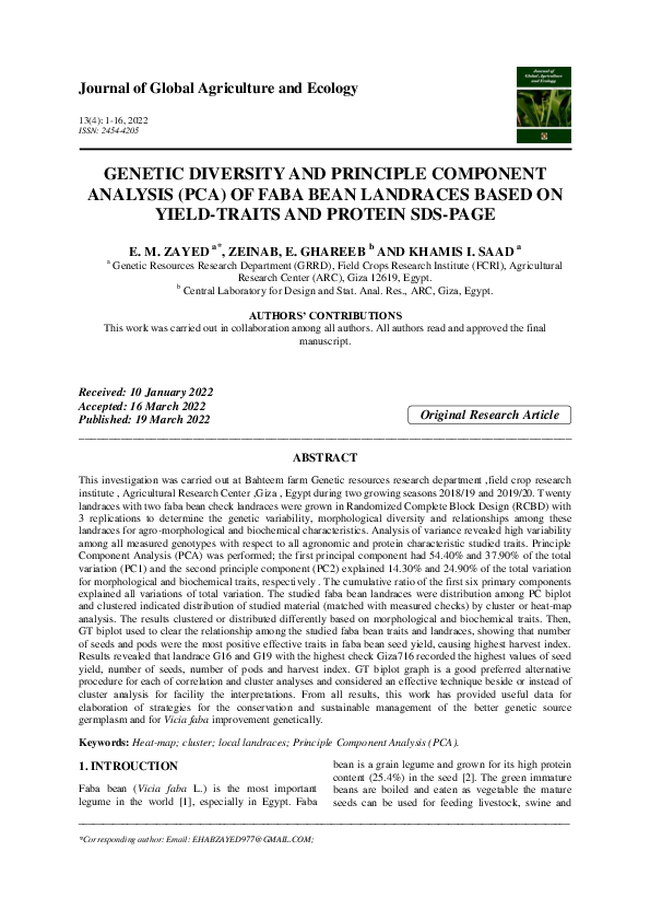 (PDF) GENETIC DIVERSITY AND PRINCIPLE COMPONENT ANALYSIS (PCA) OF FABA BEAN LANDRACES BASED ON ...
