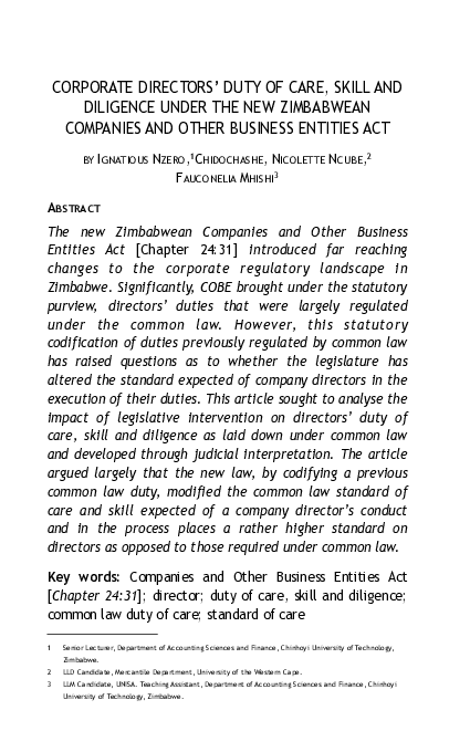 (PDF) CORPORATE DIRECTORS' DUTY OF CARE, SKILL AND DILIGENCE UNDER THE NEW ZIMBABWEAN COMPANIES ...