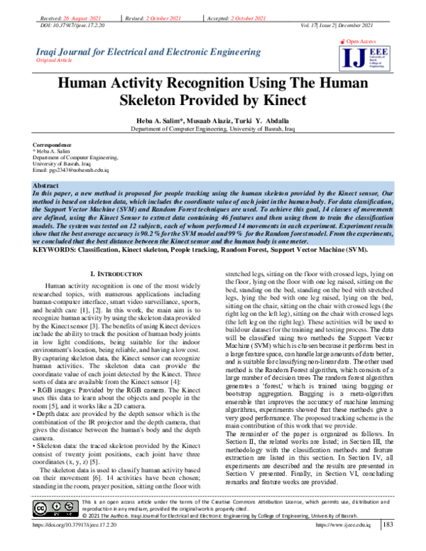 Pdf Human Activity Recognition Using The Human Skeleton Provided By Kinect