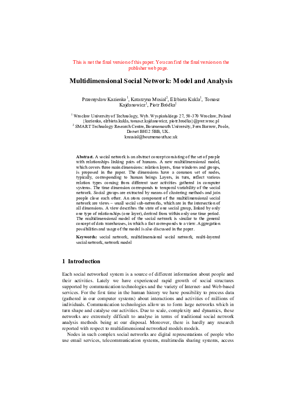 (PDF) Multidimensional Social Network: Model and Analysis