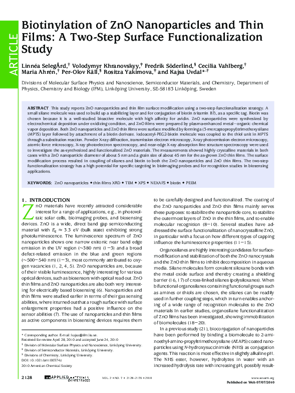 (PDF) Biotinylation of ZnO Nanoparticles and Thin Films: A Two-Step ...