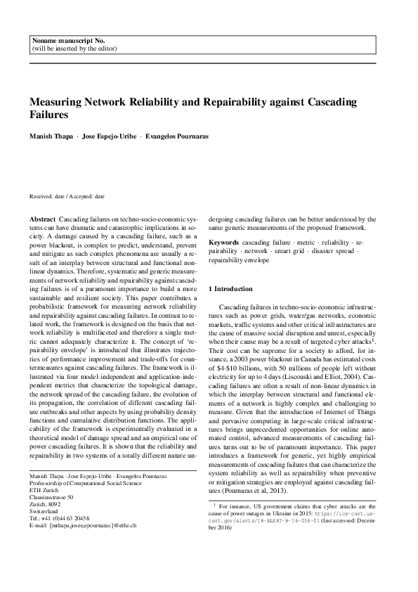 (PDF) Measuring network reliability and repairability against cascading ...