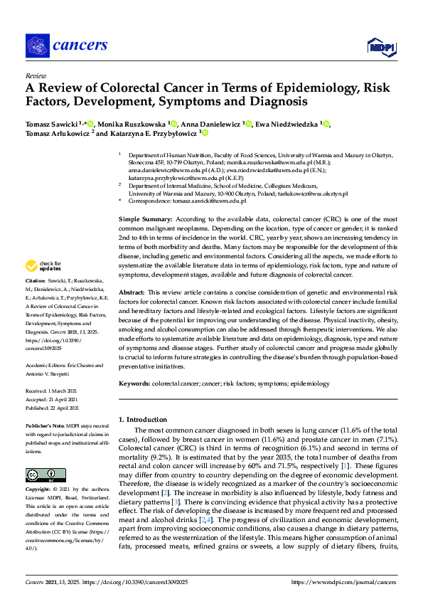 Pdf A Review Of Colorectal Cancer In Terms Of Epidemiology Risk
