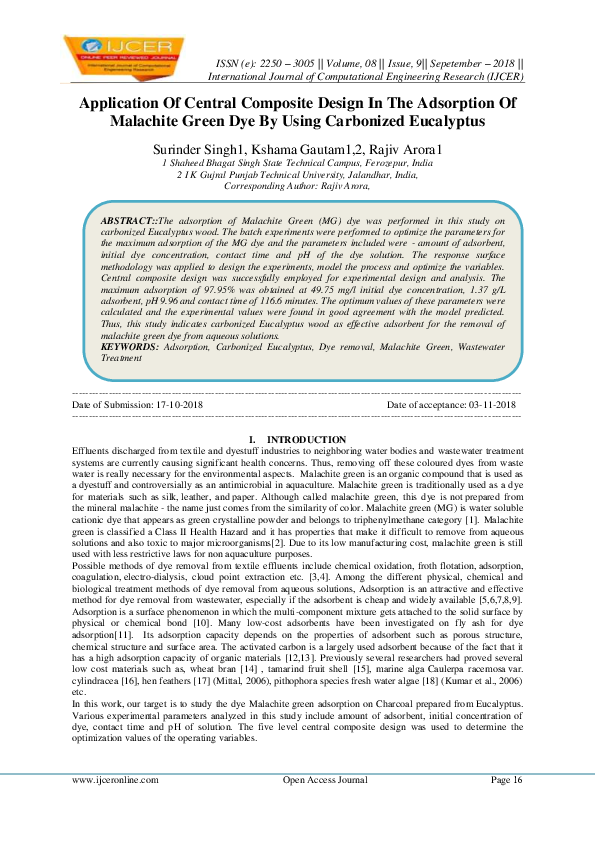 (PDF) Application Of Central Composite Design In The Adsorption Of Malachite Green Dye By Using ...