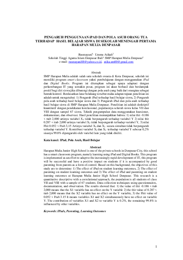 (PDF) Pengaruh Penggunaan iPAD dan Pola Asuh Orang Tua Terhadap Hasil Belajar Siswa di Sekolah ...