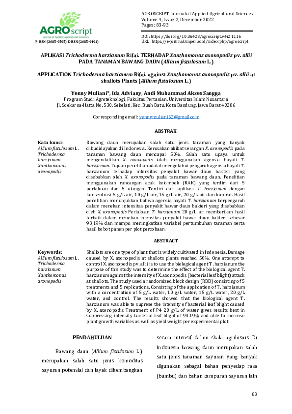 (PDF) Aplikasi Trichoderma harzianum Rifai. terhadap Xanthomonas axonopodis pv. allii pada ...