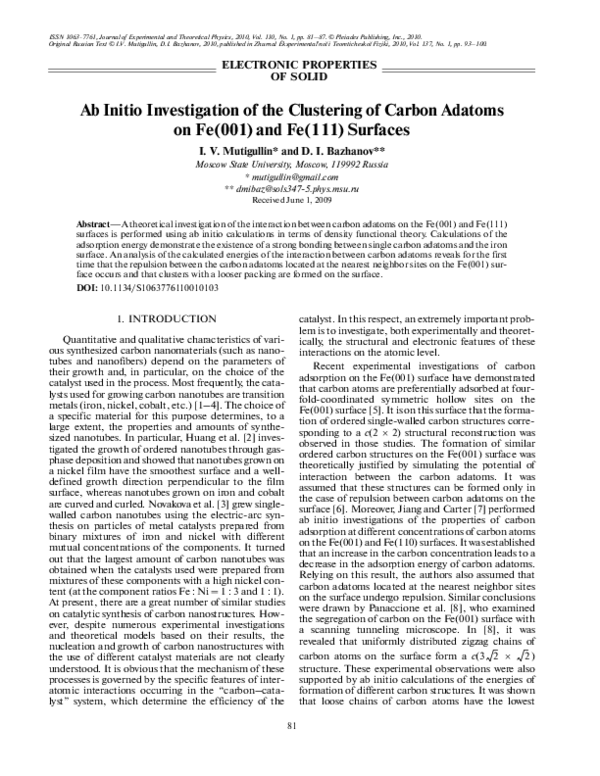 (PDF) Ab initio investigation of the clustering of carbon adatoms on Fe(001) and Fe(111) surfaces