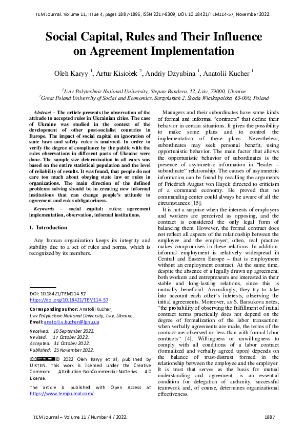 (PDF) Social Capital, Rules and Their Influence on Agreement Implementation