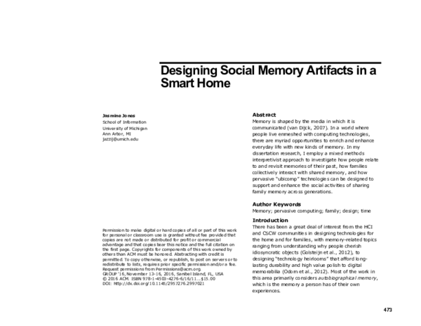 (PDF) Designing Social Memory Artifacts in a Smart Home