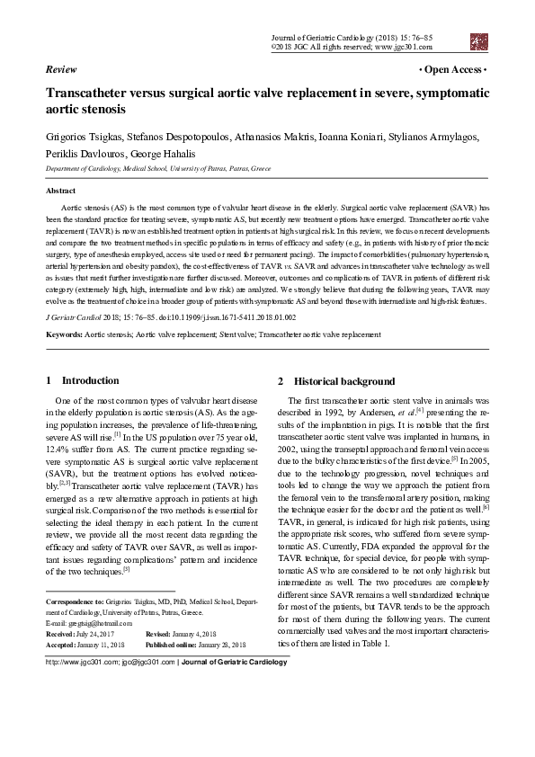 (PDF) Transcatheter versus surgical aortic valve replacement in severe, symptomatic aortic stenosis
