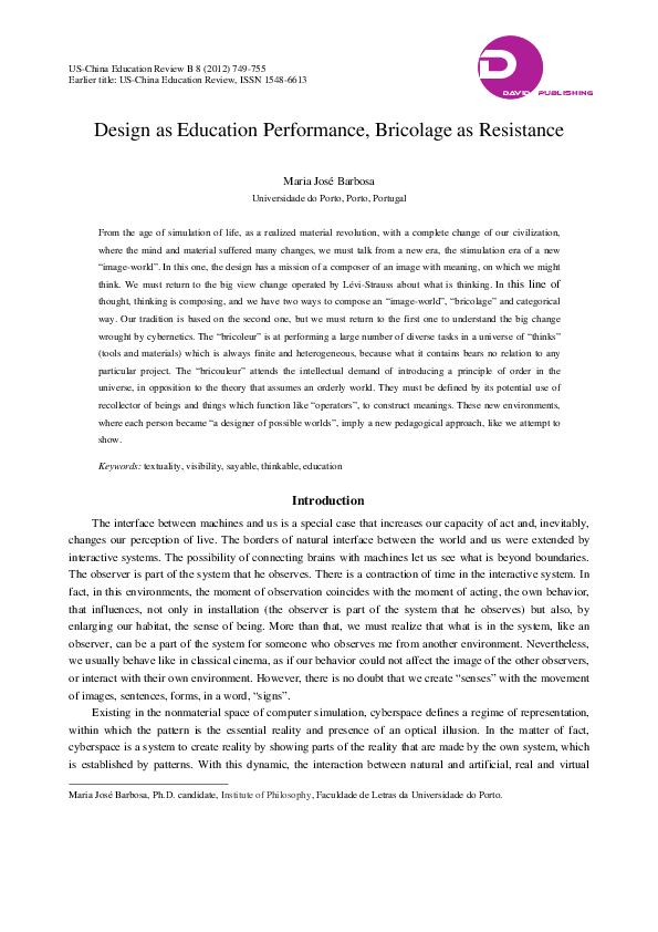 (PDF) Design as education performance, bricolage as resistance