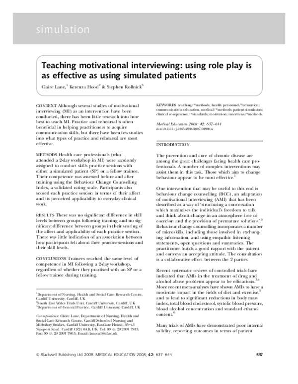 (PDF) Teaching motivational interviewing: using role play is as ...