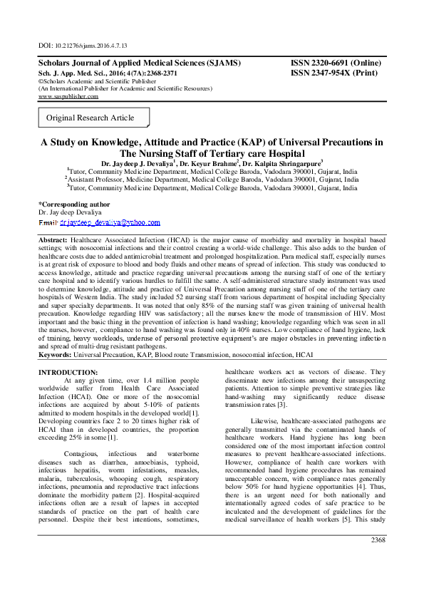 (PDF) A Study on Knowledge, Attitude and Practice (KAP) of Universal Precautions in The Nursing ...