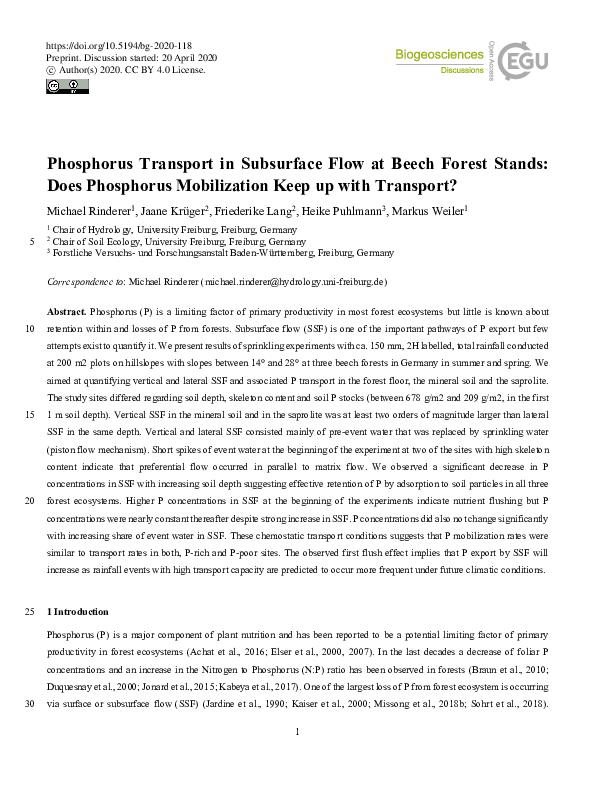 (PDF) Phosphorus Transport in Subsurface Flow at Beech Forest Stands ...