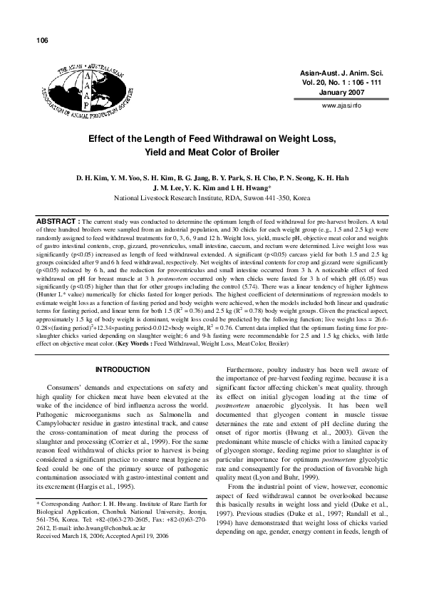 (PDF) Effect of the Length of Feed Withdrawal on Weight Loss, Yield and ...