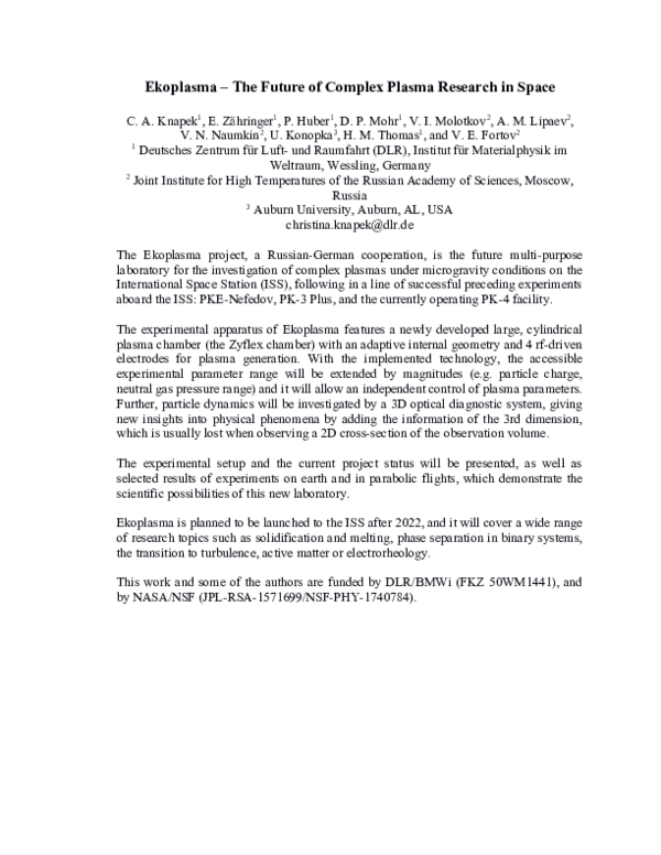 (PDF) Ekoplasma - The Future of Complex Plasma Research in Space