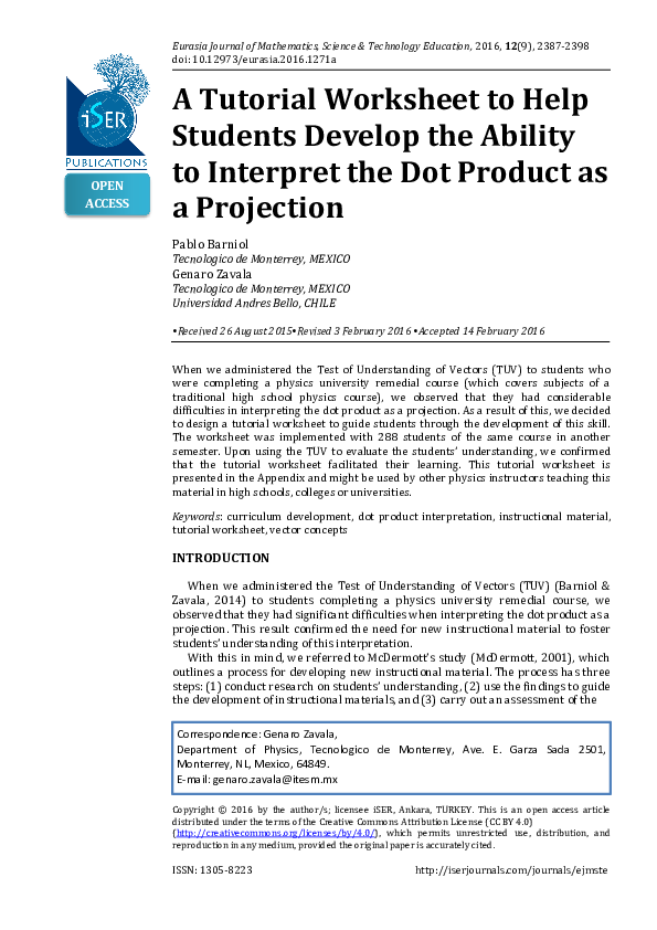 (PDF) A Tutorial Worksheet to Help Students Develop the Ability to Interpret the Dot Product as ...