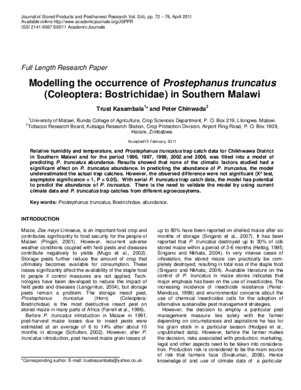 (PDF) Modelling the occurrence of Prostephanus truncatus (Coleoptera: Bostrichidae) in Southern ...