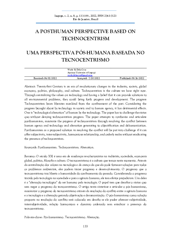 (PDF) A POSTHUMAN PERSPECTIVE BASED ON TECHNOCENTRISM