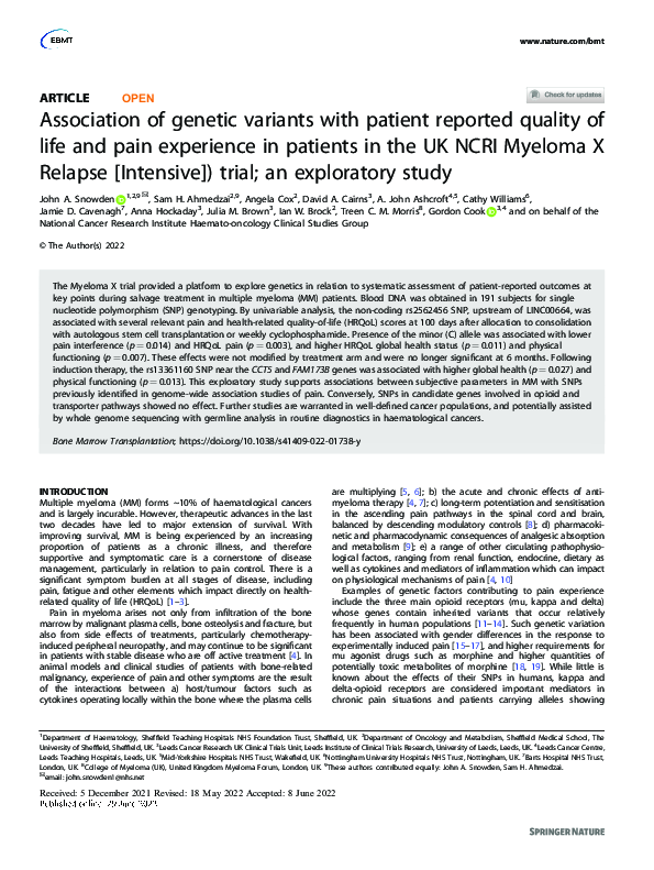 (PDF) Association of genetic variants with patient reported quality of life and pain experience ...