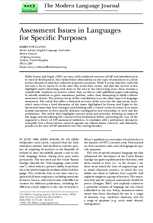 (PDF) Assessment Issues in Languages for Specific Purposes