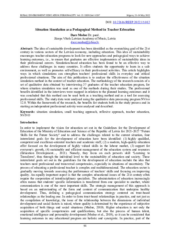 (PDF) Situation Simulation as a Pedagogical Method in Teacher Education