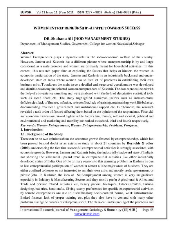 (PDF) WOMEN ENTREPRENEURSHIP-A PATH TOWARDS SUCCESS
