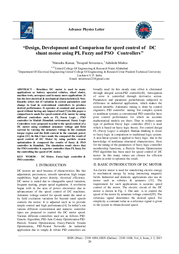 Pdf Design Development And Comparison For Speed Control Of Dc Shunt Motor Using Pi Fuzzy And
