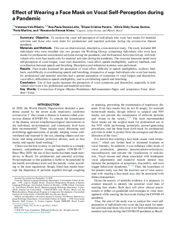 (PDF) Effect of Wearing a Face Mask on Vocal Self-Perception during a ...
