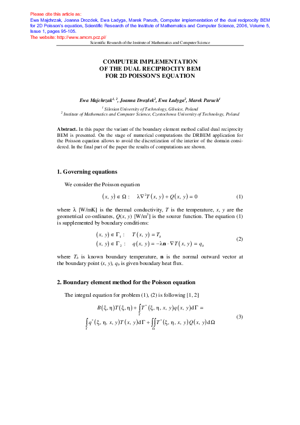 (PDF) Computer Implementation of the Dual Reciprocity Bem for 2D Poisson's Equation