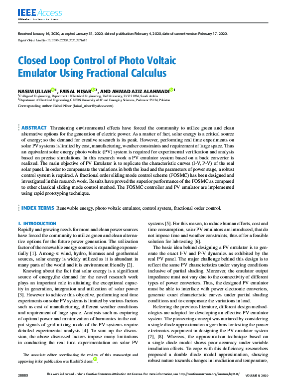 (PDF) Closed Loop Control of Photo Voltaic Emulator Using Fractional Calculus