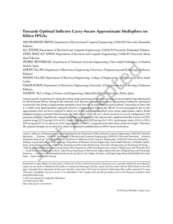 (PDF) Towards Optimal Softcore Carry-Aware Approximate Multipliers on Xilinx FPGAs
