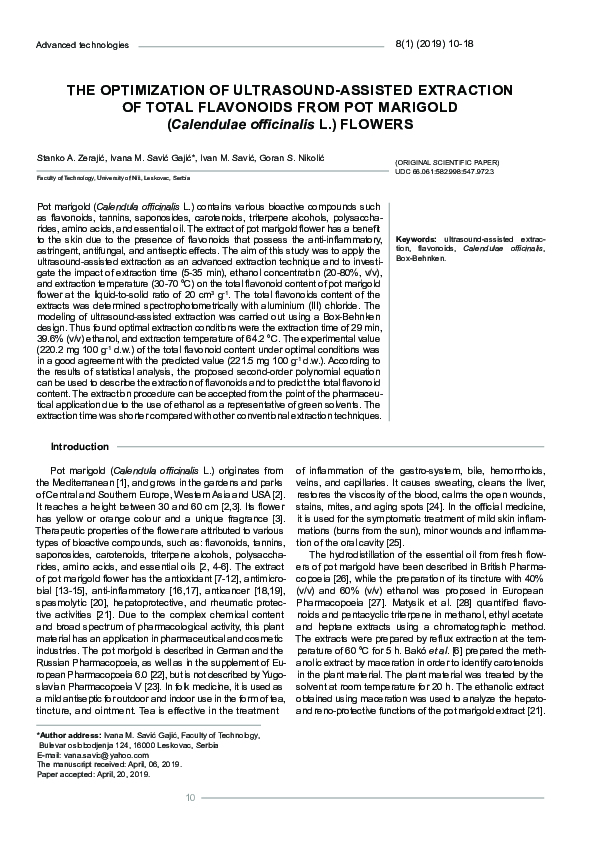 (PDF) The optimization of ultrasound-assisted extraction of total flavonoids from pot marigold ...