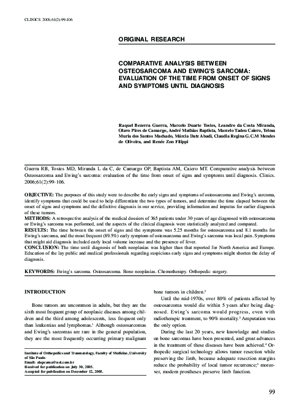 (PDF) Comparative Analysis Between Osteosarcoma and Ewing's Sarcoma: Evaluation of the Time from ...