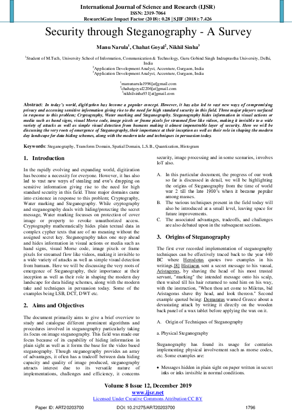 (PDF) Security through Steganography-A Survey