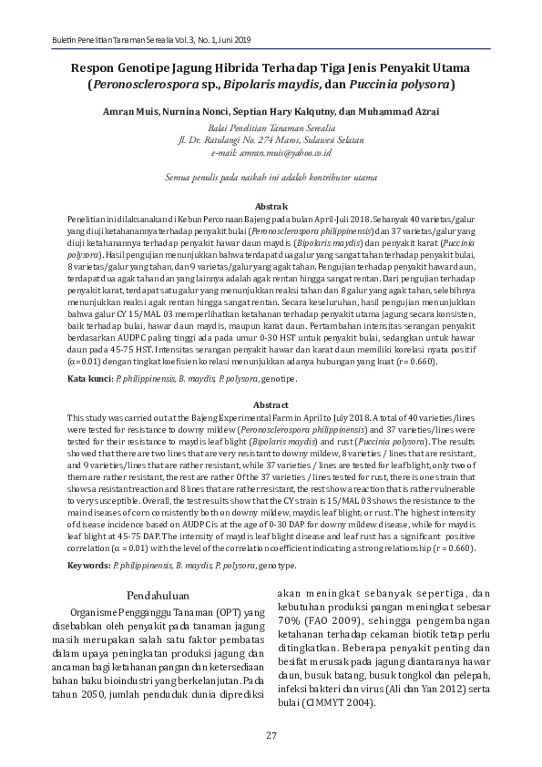 (PDF) Respon Genotipe Jagung Hibrida Terhadap Tiga Jenis Penyakit Utama (Peronosclerospora sp ...