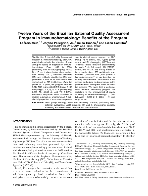 (PDF) Impact of Brazil's 12-Year Quality Program in Immunohematology