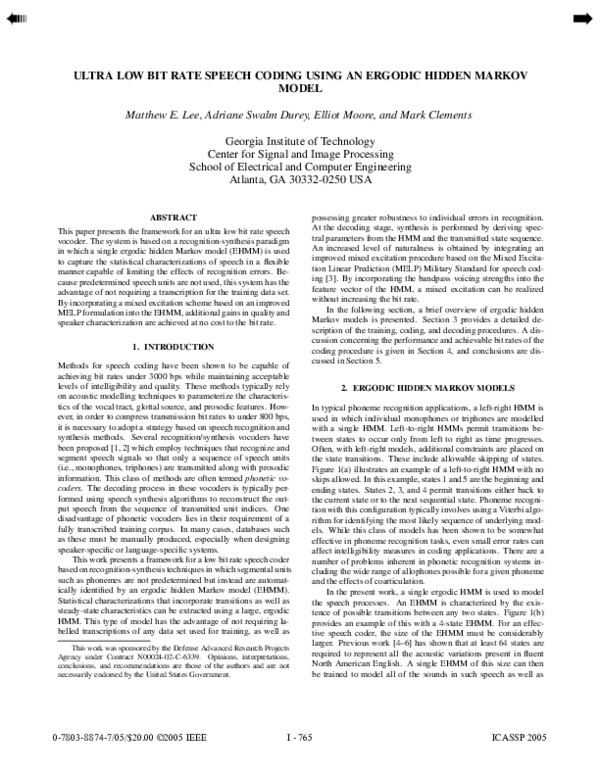 (PDF) Ultra Low Bit Rate Speech Coding Using an Ergodic Hidden Markov Model