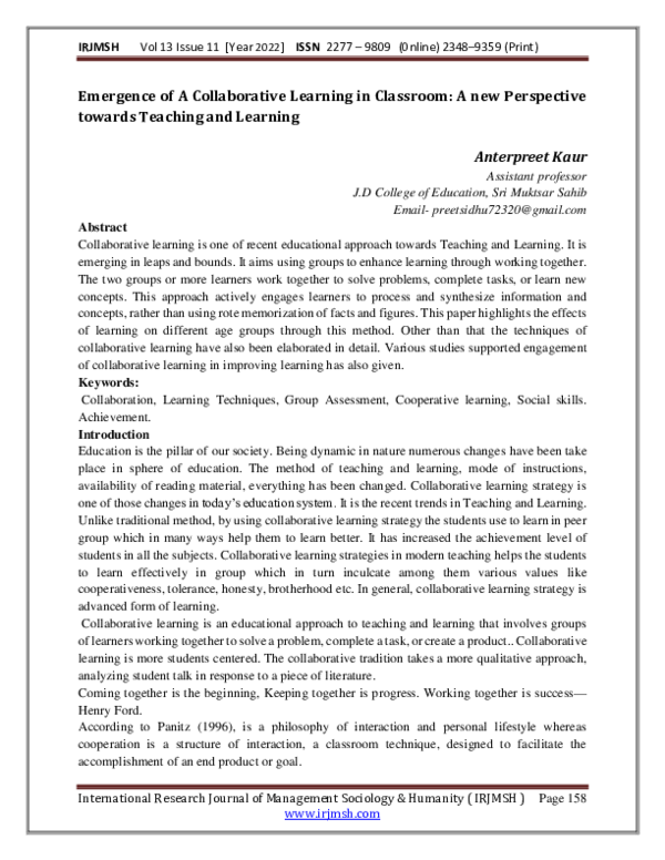 (PDF) Emergence of A Collaborative Learning in Classroom: A new ...