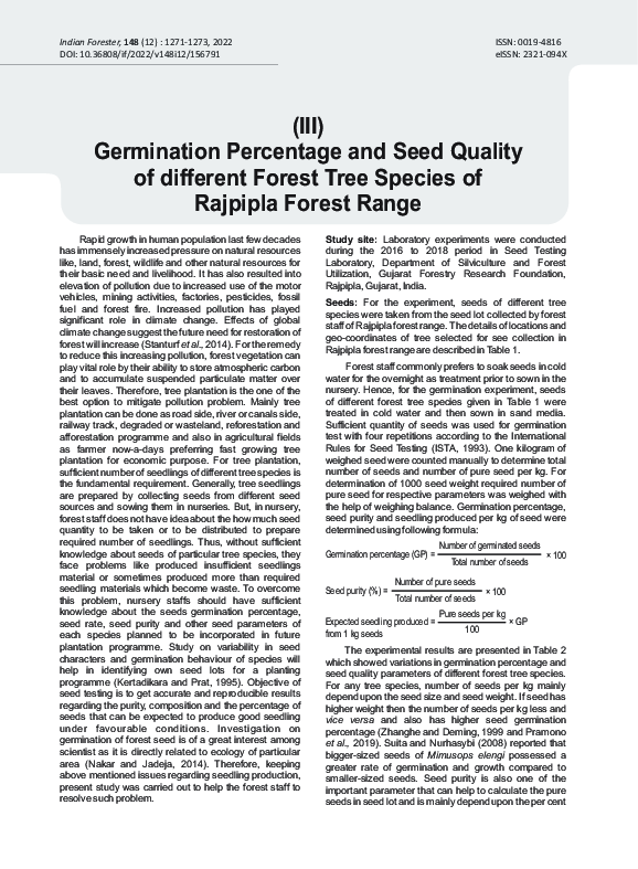 (PDF) Germination Percentage and Seed Quality of different Forest Tree ...