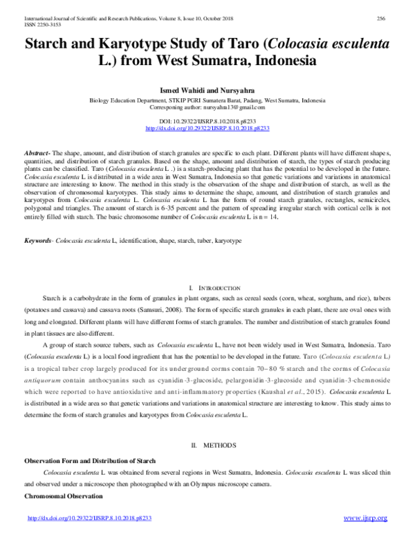 (PDF) Starch and Karyotype Study of Taro (Colocasia esculenta L.) from West Sumatra, Indonesia