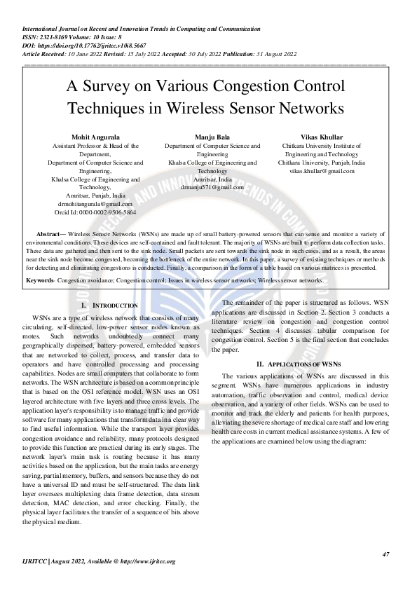 (PDF) A Survey on Various Congestion Control Techniques in Wireless Sensor Networks