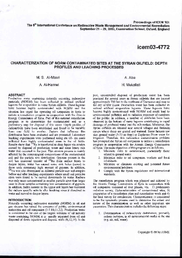 (PDF) Characterization of NORM Contaminated Sites at the Syrian ...