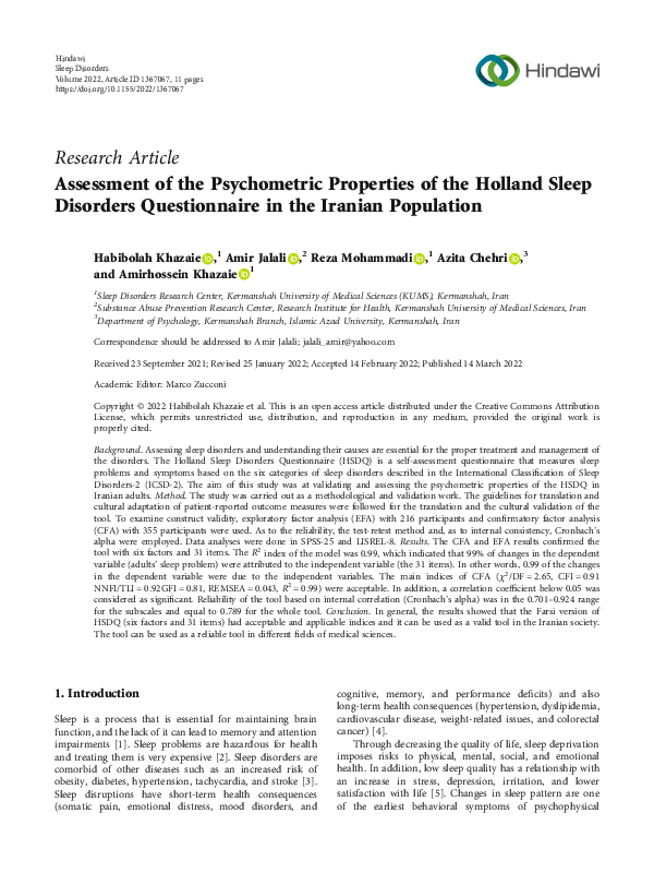 (PDF) Assessment of the Psychometric Properties of the Holland Sleep ...