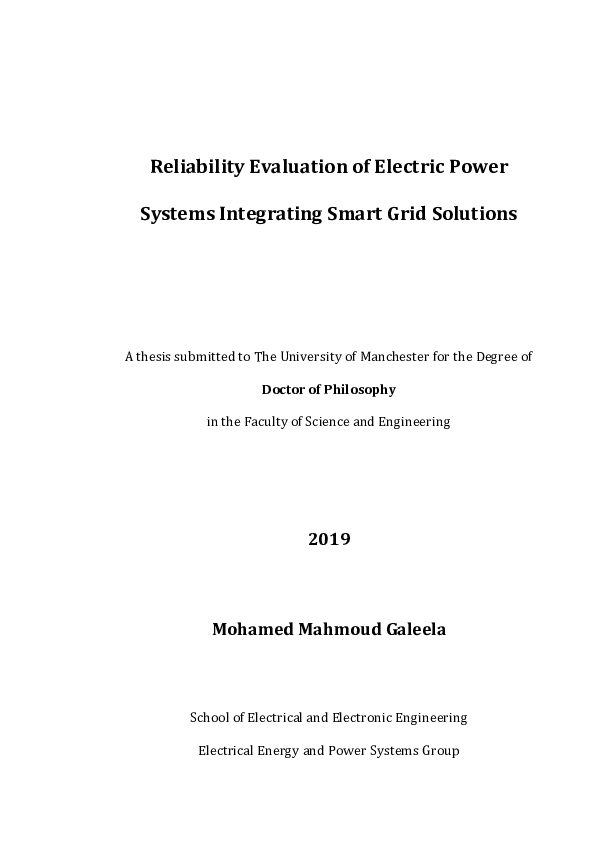 (PDF) Reliability Evaluation of Electric Power Systems Integrating Smart Grid Solutions