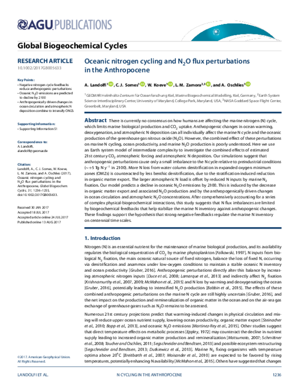(PDF) Oceanic nitrogen cycling and N2O flux perturbations in the ...